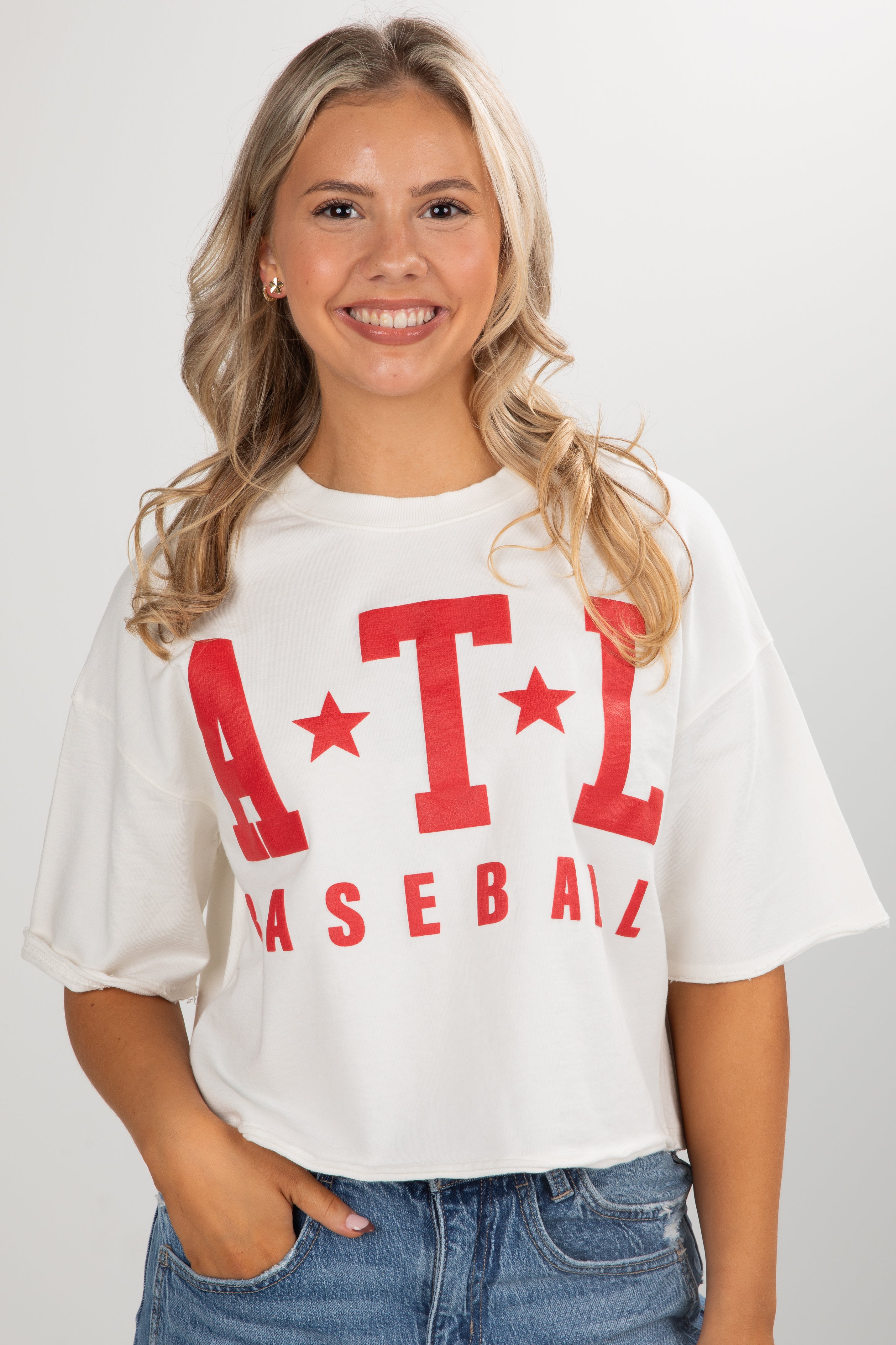 White ATL Baseball Star Cropped Tee | DU Exclusives | DressUp – Dress Up