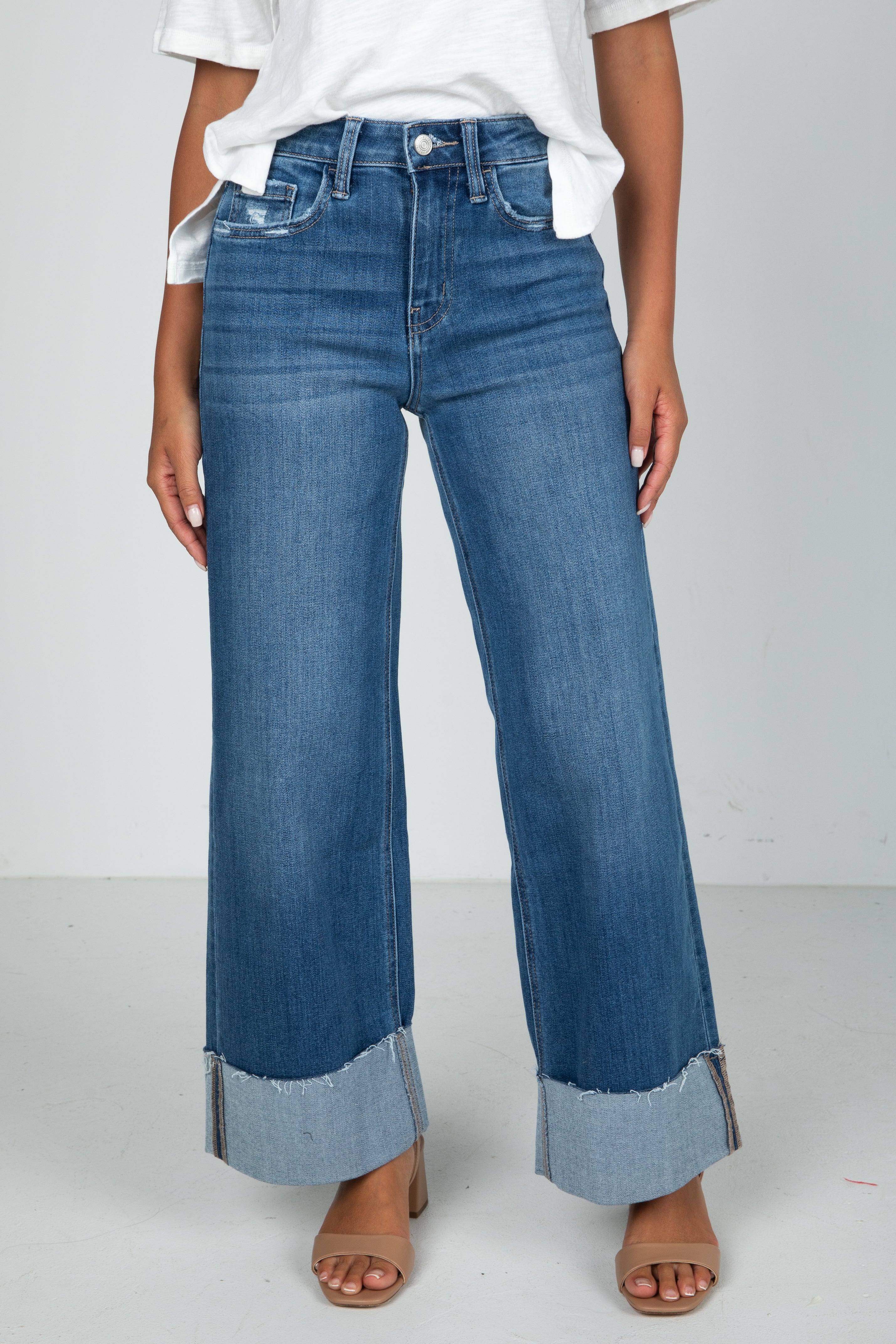 Medium Wash High-Rise Cuffed Wide Leg Jeans | Vervet Denim | DressUp ...