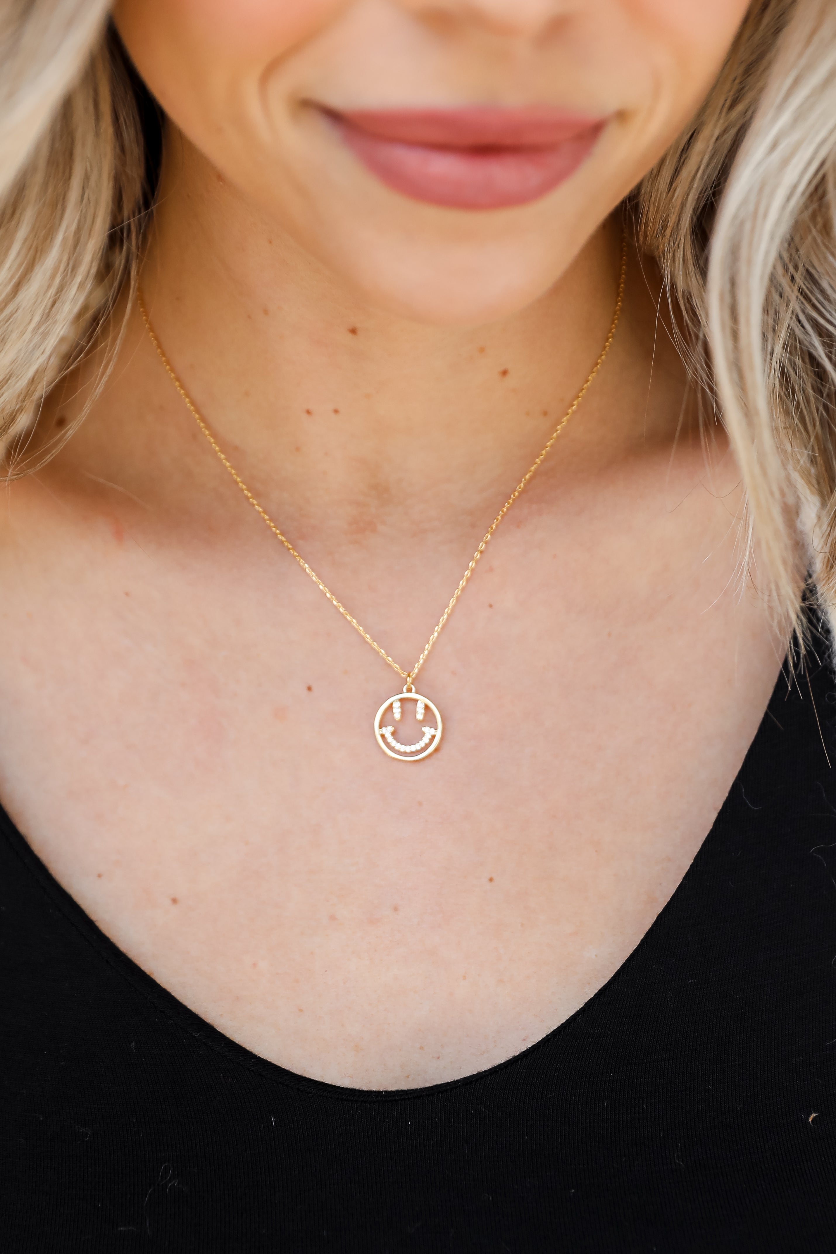 Cute Gold Rhinestone Smiley Face Charm Necklace | Dress Up